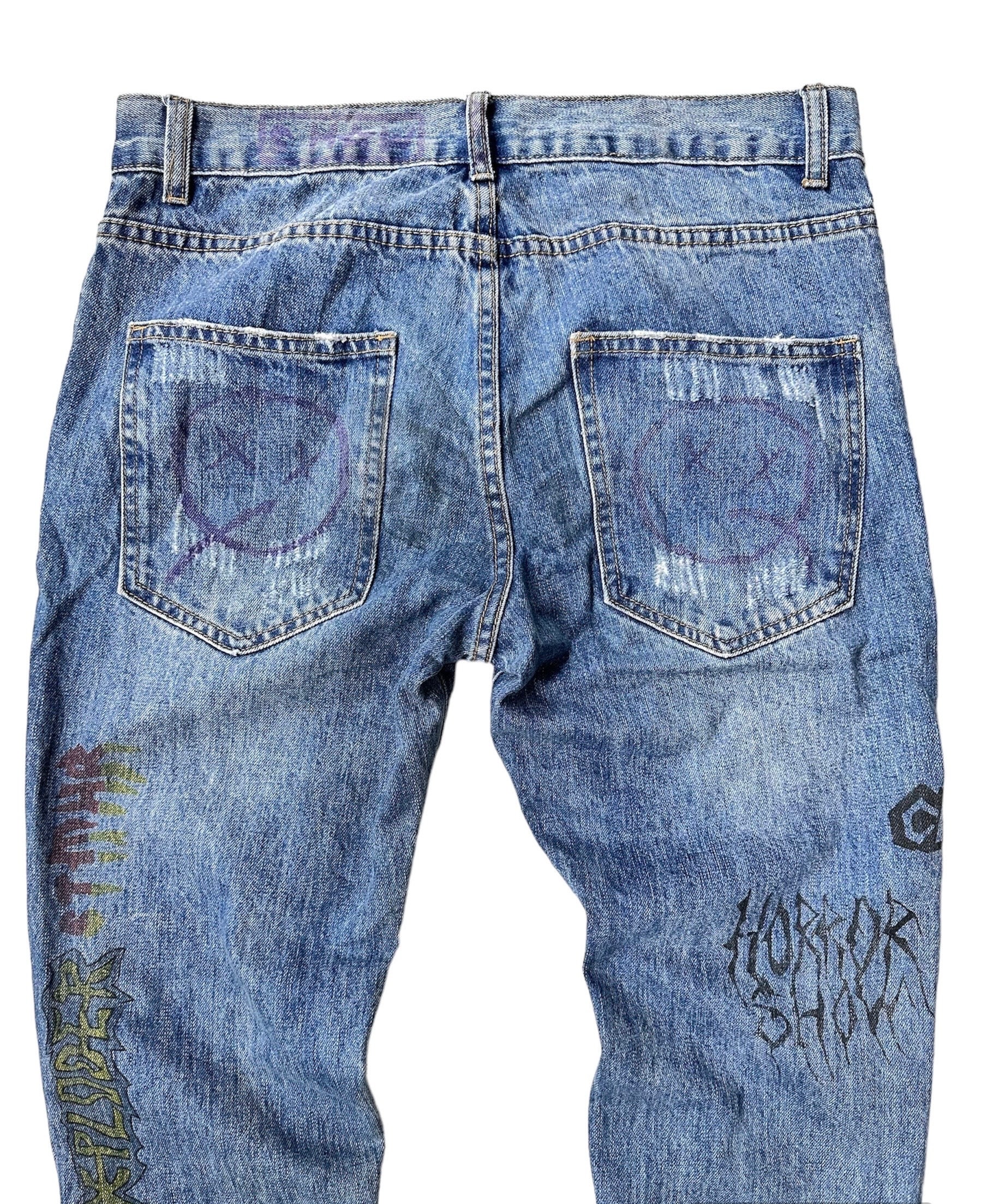 Rare Unique Vintage Graffiti Distressed Print Paint Patchwork Jeans ...