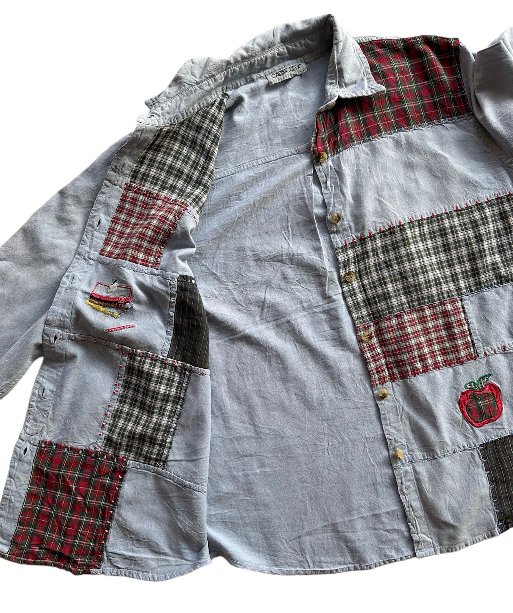 Vintage Blue Jeans Patchwork Shirt Classic Patched Combination Plaid ...