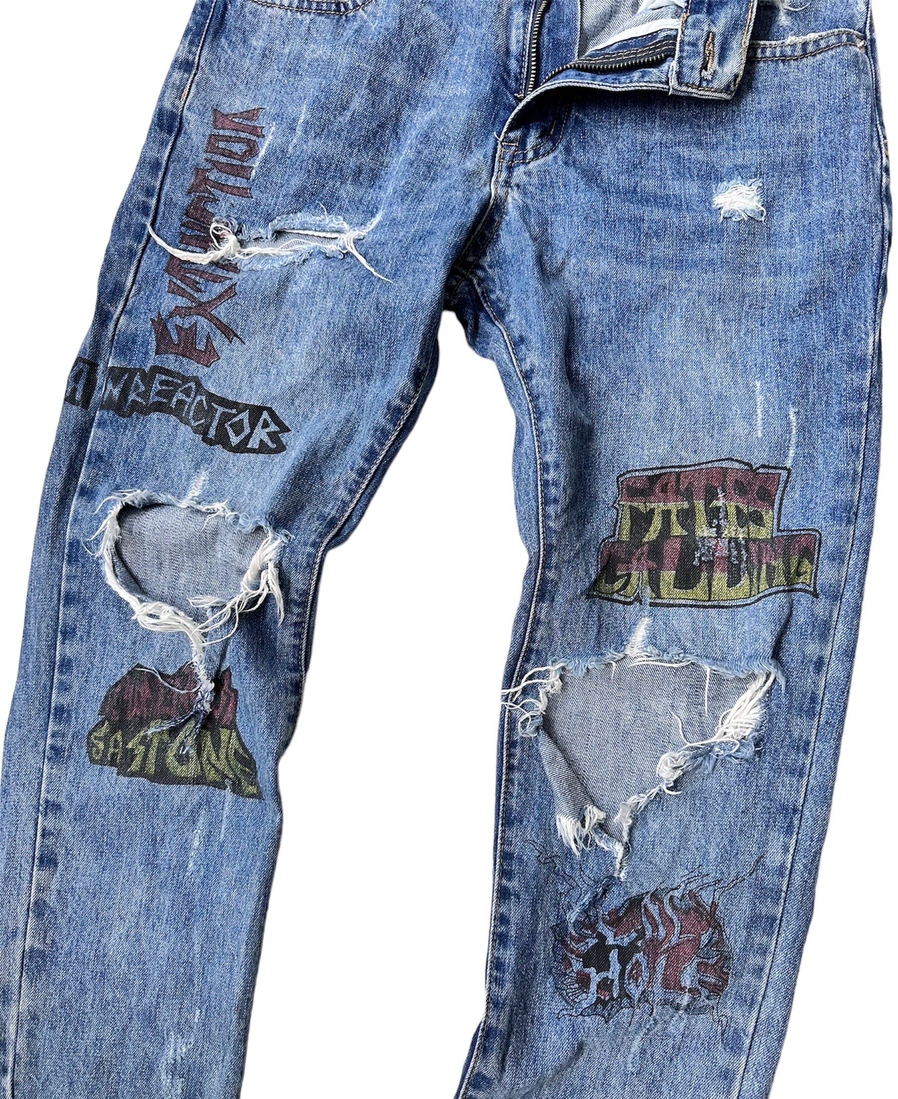Rare Unique Vintage Graffiti Distressed Print Paint Patchwork Jeans Reworked Street Urban Ripped ...
