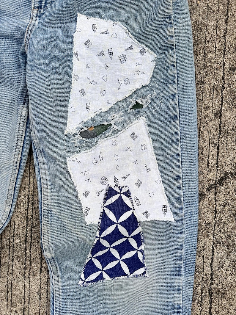 Rare Unique Vintage Patchwork Jeans Reworked Street Style Repair Frayed ...