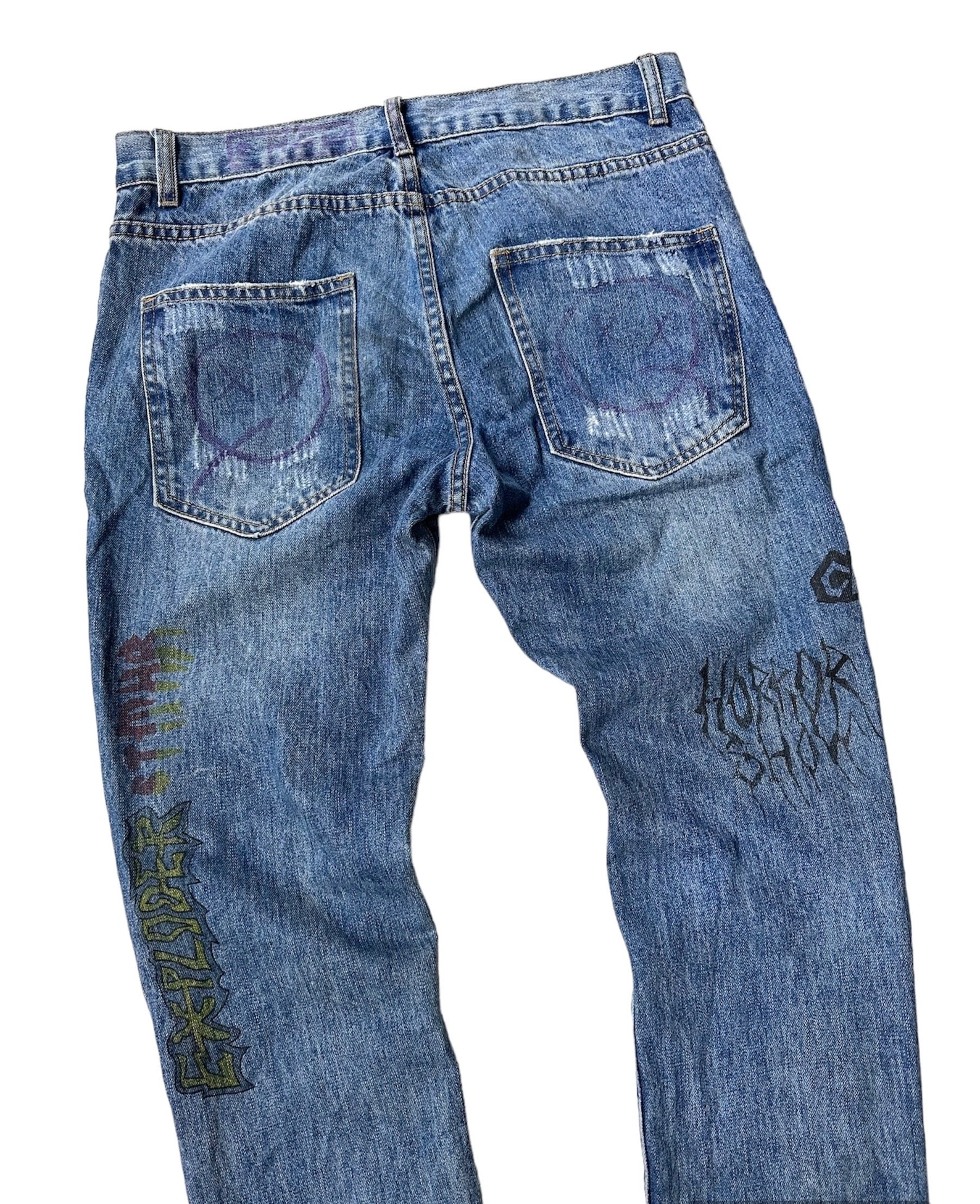 Rare Unique Vintage Graffiti Distressed Print Paint Patchwork Jeans ...