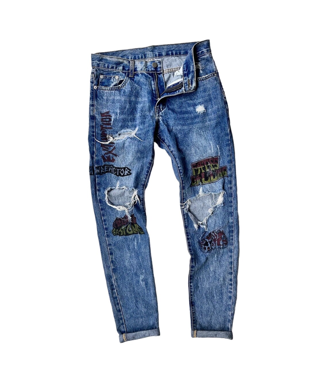 Rare Unique Vintage Graffiti Distressed Print Paint Patchwork Jeans ...
