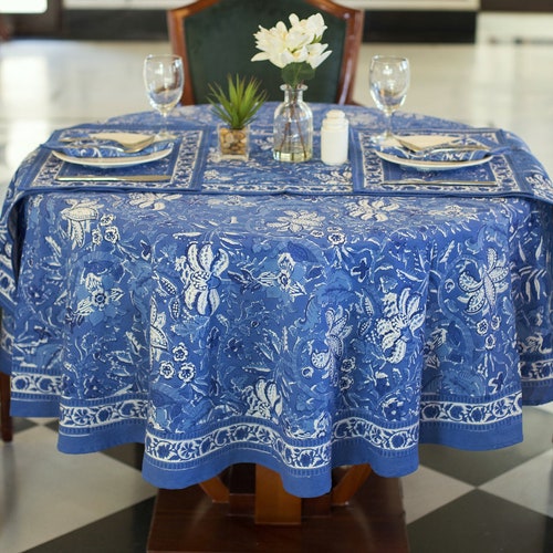 Blue Floral Round Tablecloth Indian Block Print Round Table - Etsy