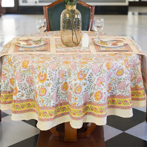 Block Printed Round Tablecloth Floral Printed Round - Etsy