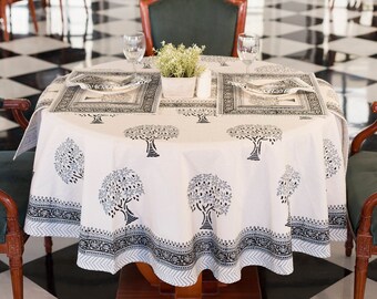 Blue Floral Round Tablecloth, Indian Block Print Round Table Cover ...