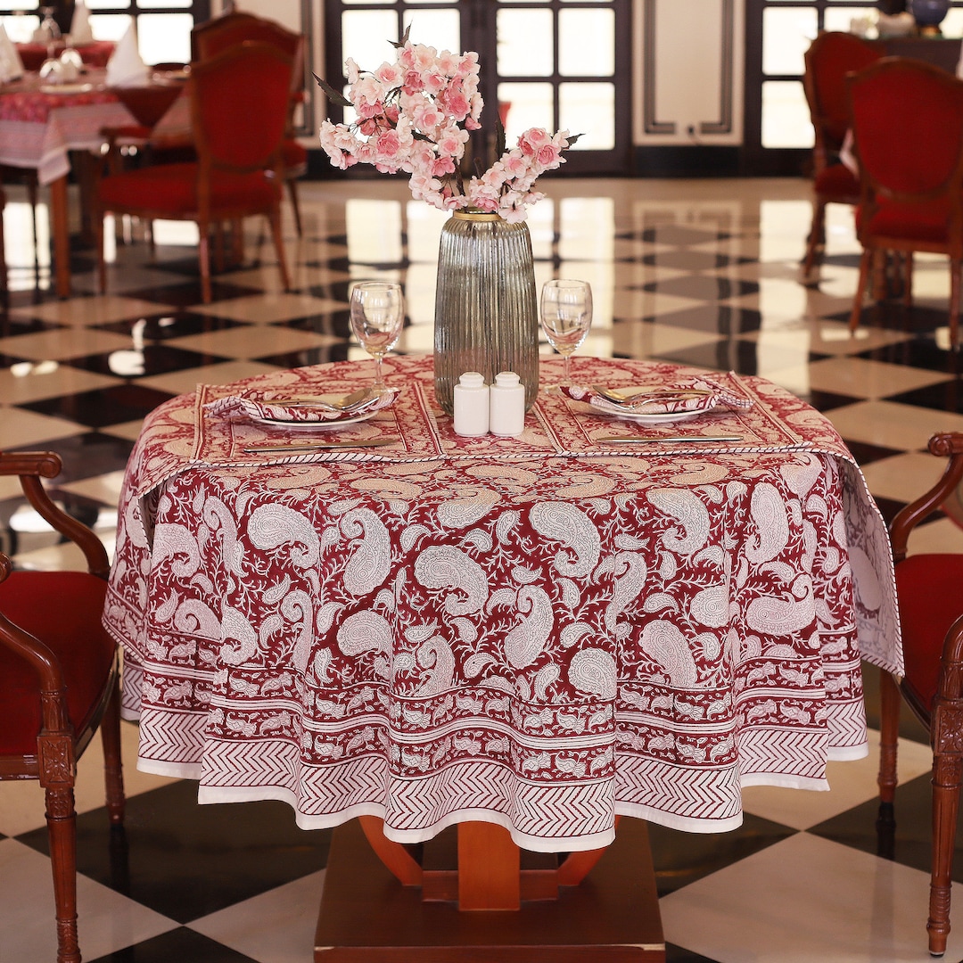 Red Paisley Round Tablecloth, Indian Block Print Round Table Cover ...