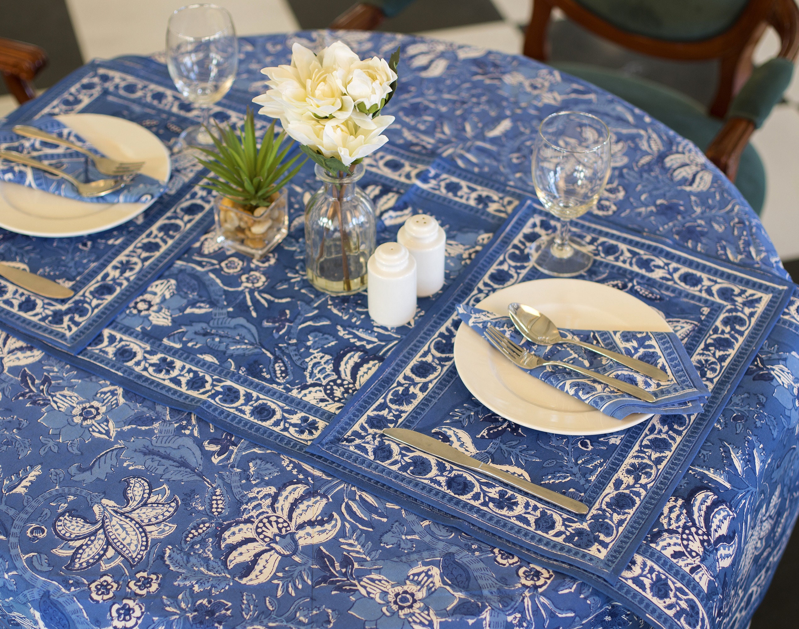 Blue Round Tablecloth Indian Block Printed Round Table Cover - Etsy