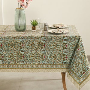 Green Block Print Tablecloth , Garden Tablecloth, Indian Table Linen ...