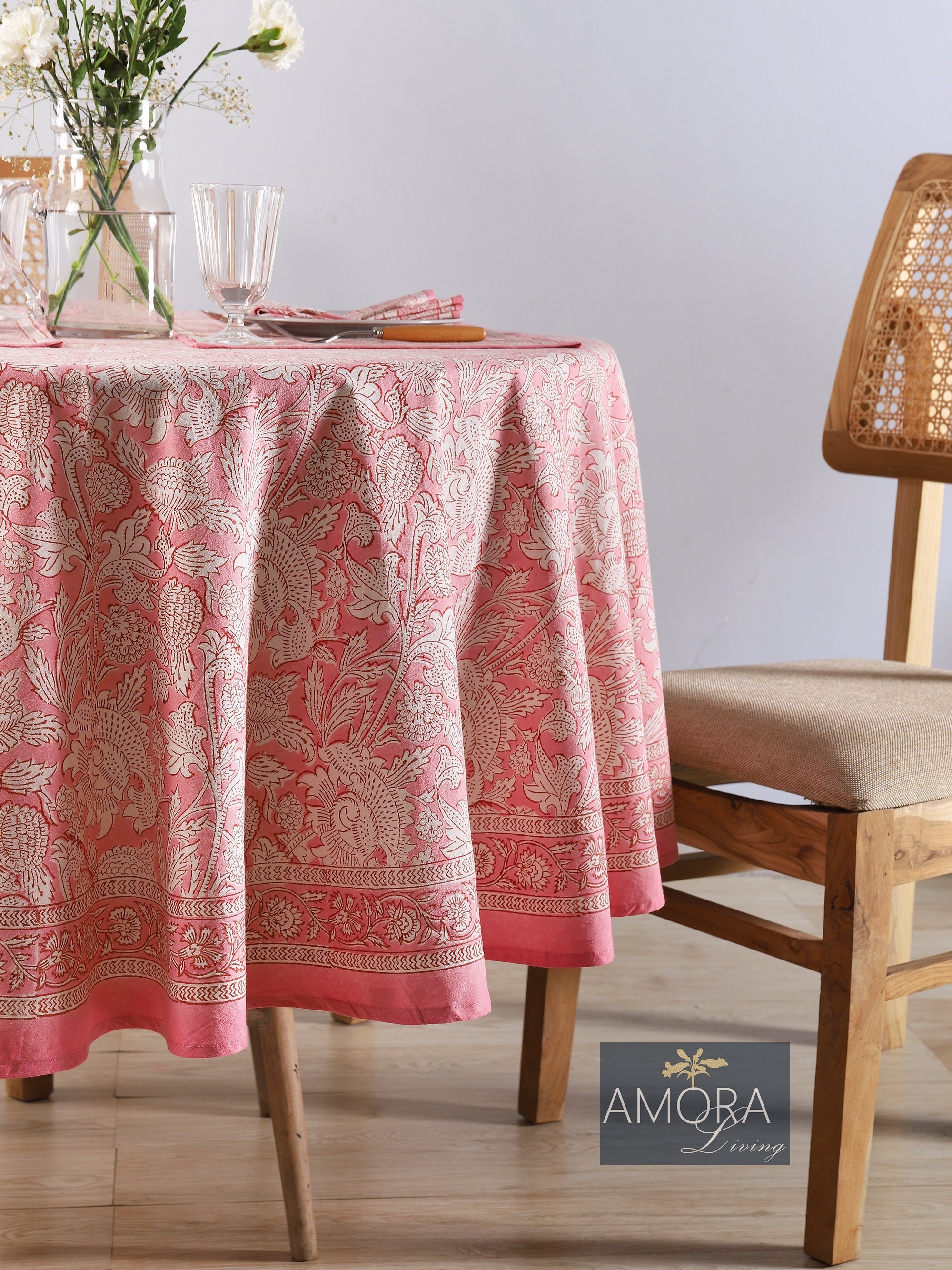 Pink Floral Round Tablecloth, Indian Block Print Round Table Cover ...