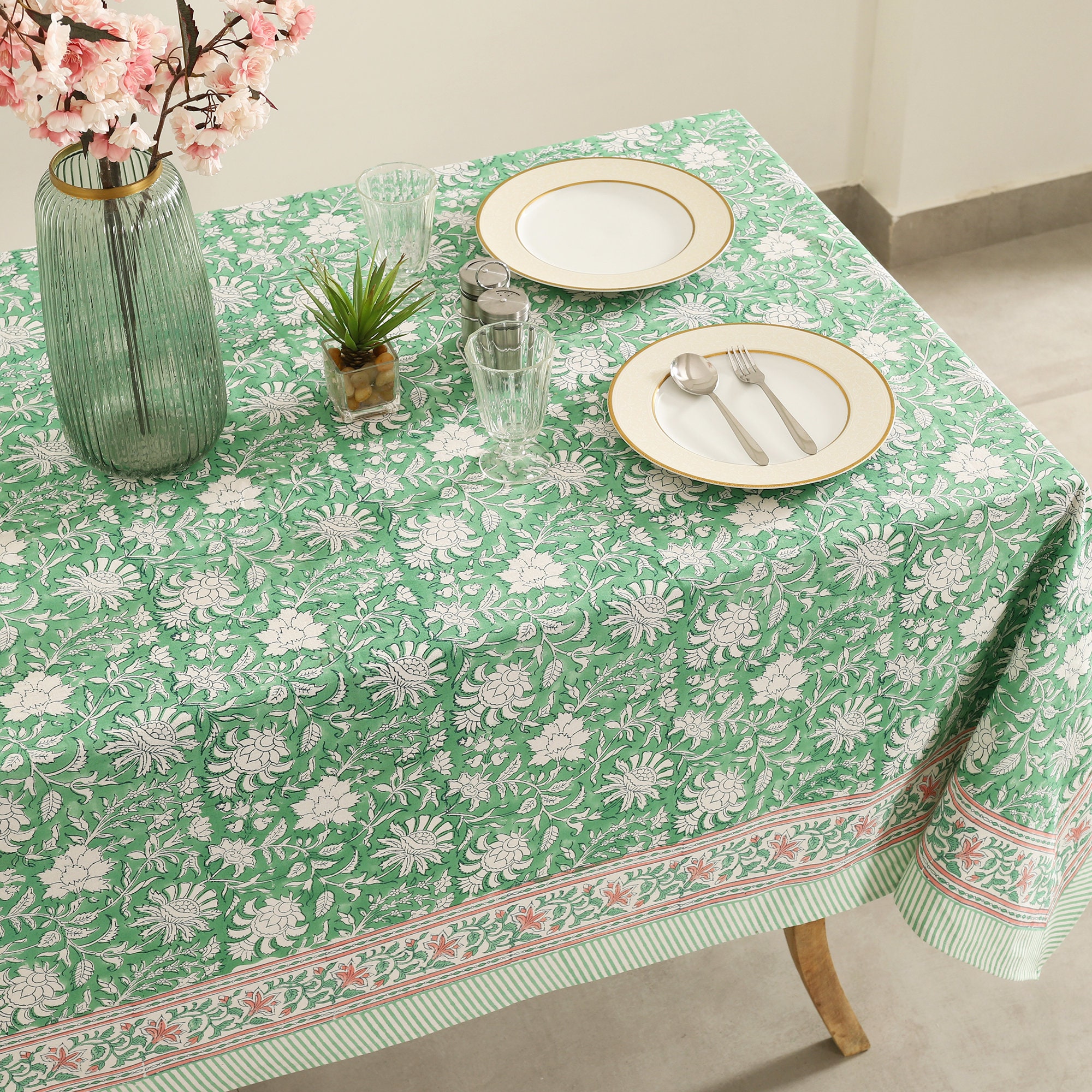 Green Floral Block Print Tablecloth Indian Cotton Table - Etsy