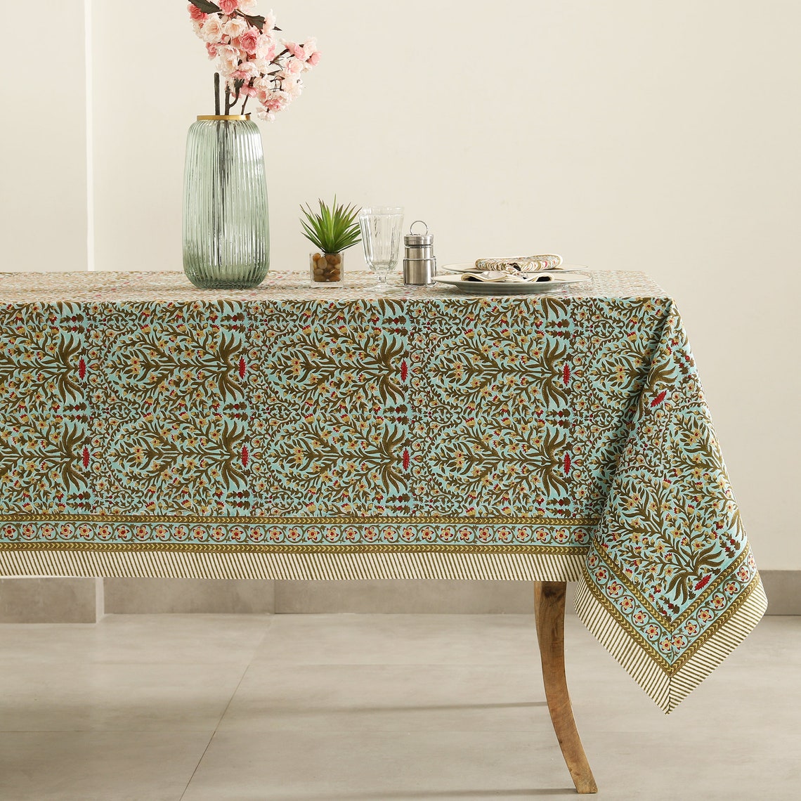 Green Block Print Tablecloth Garden Tablecloth Indian Table - Etsy