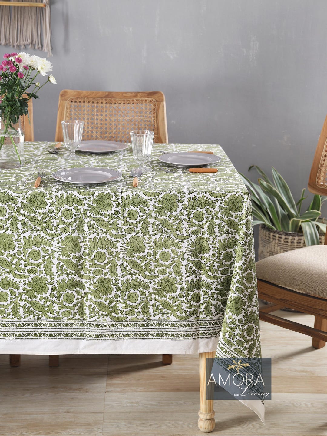 Turquoise Moss Green Block Printed Tablecloth - Indian Cotton, Boho ...
