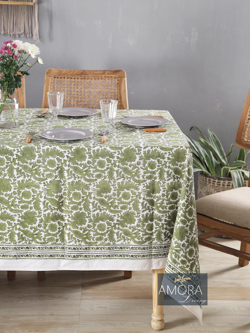 Turquoise Moss Green Block Printed Tablecloth - Indian Cotton, Boho ...