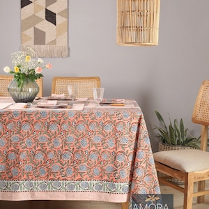 Dark Salmon Pink Block Printed Cotton Tablecloth - Boho Dining Table ...