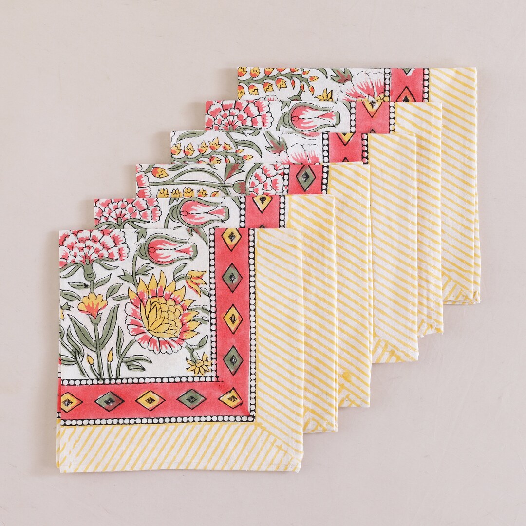 Burnt Orange, Tangerine With Green Floral Indian Block Print Napkins ...