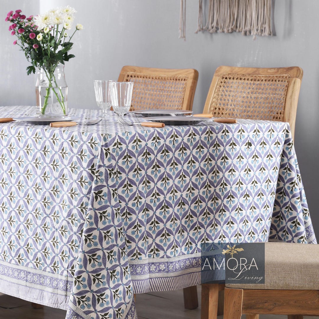 Blue Purple Indian Block Print Cotton Tablecloth - Boho Dining Table ...