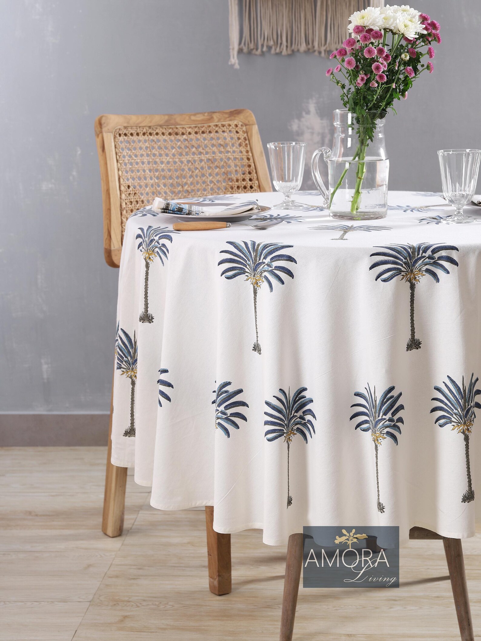 Blue Palm Round Tablecloth, Indian Block Print Round Table Cover ...