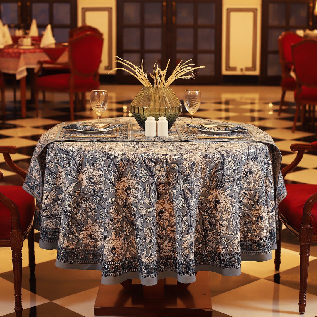 Gray Floral Round Tablecloth, Indian Block Print Round Table Cover ...