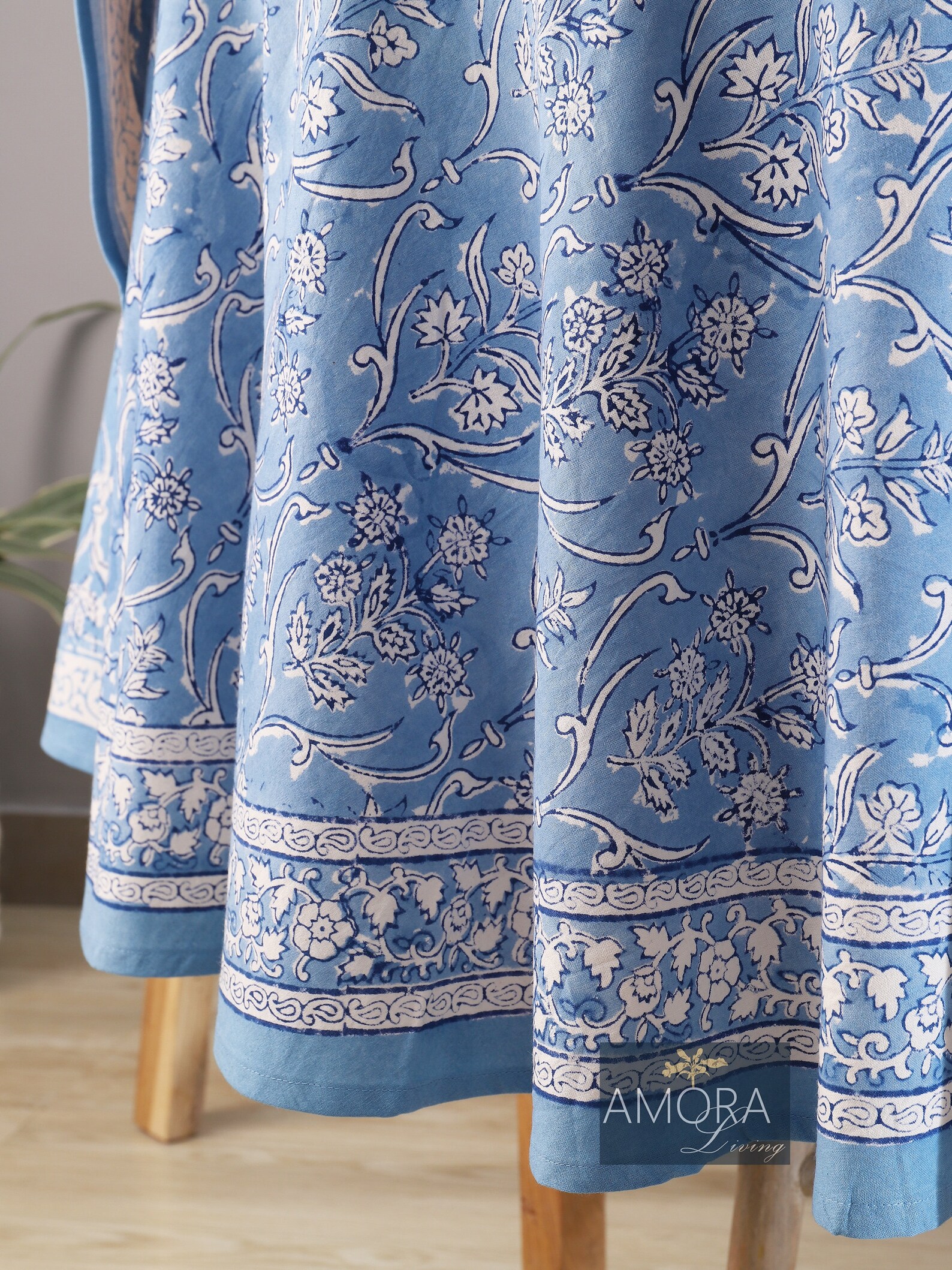 Blue Floral Round Tablecloth, Indian Block Print Round Table Cover ...
