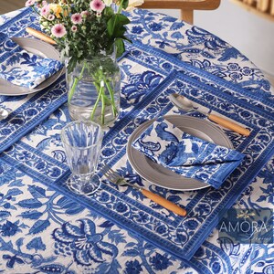 Blue Floral Round Tablecloth, Indian Block Print Round Table Cover ...