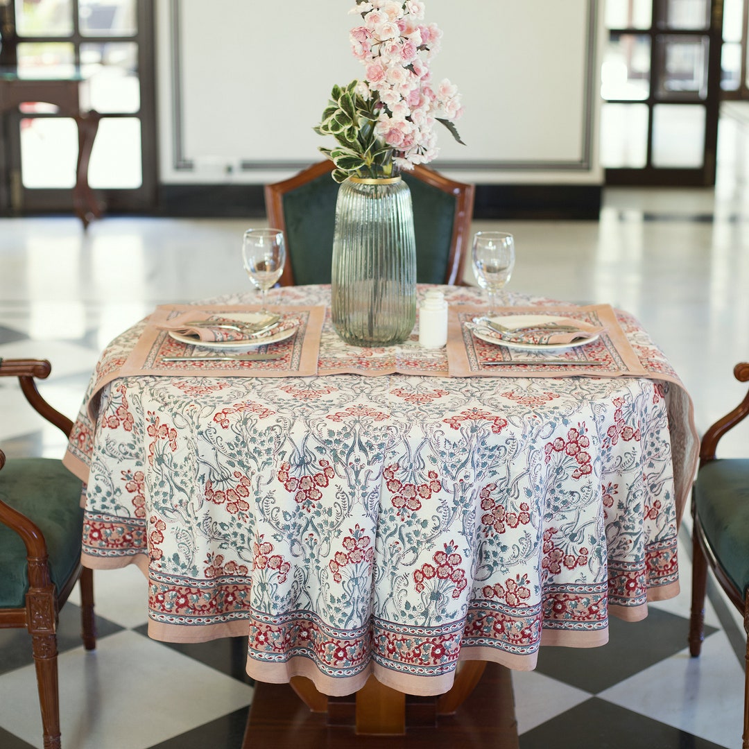 Floral Round Tablecloth, Indian Block Printed Round Table Cover, 90 ...