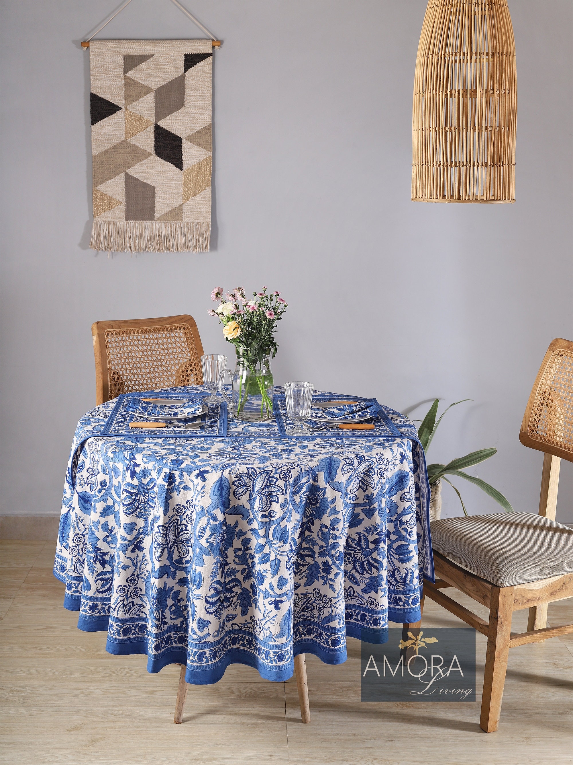 Blue Floral Round Tablecloth, Indian Block Print Round Table Cover ...
