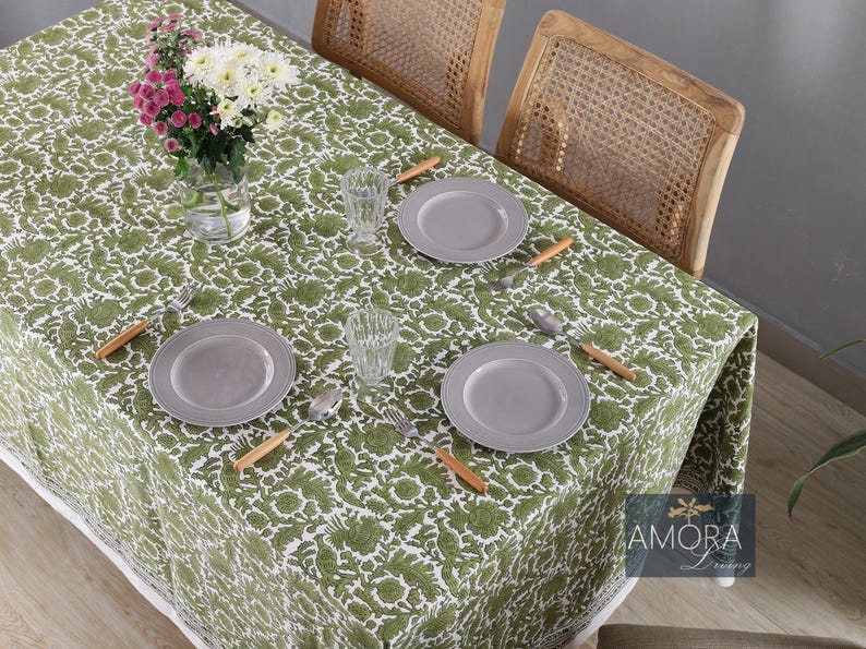 Turquoise Moss Green Block Printed Tablecloth - Indian Cotton, Boho ...