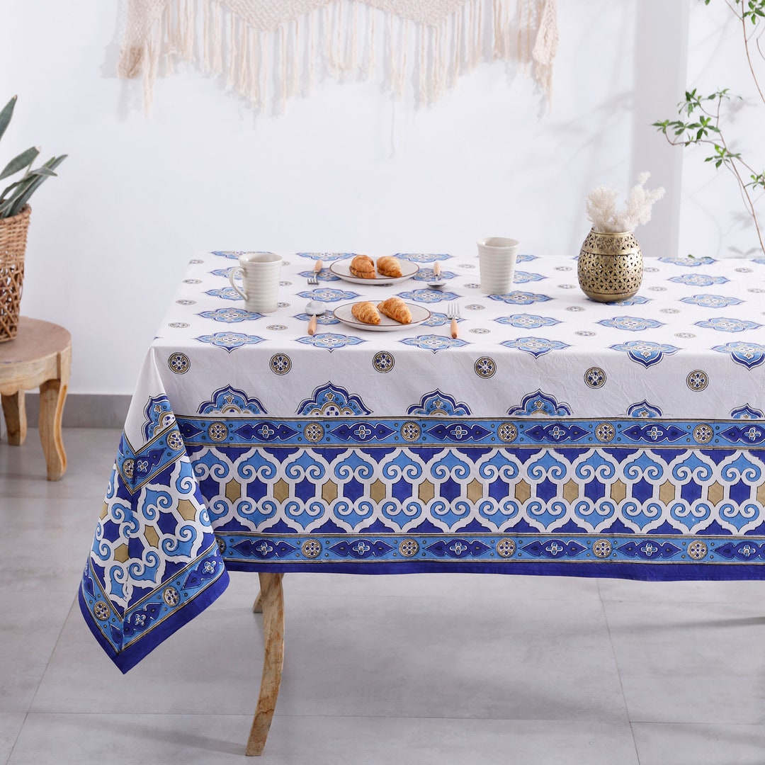Moroccan Blue & Marine Block Print Tablecloth, Outdoor Tablecloth ...