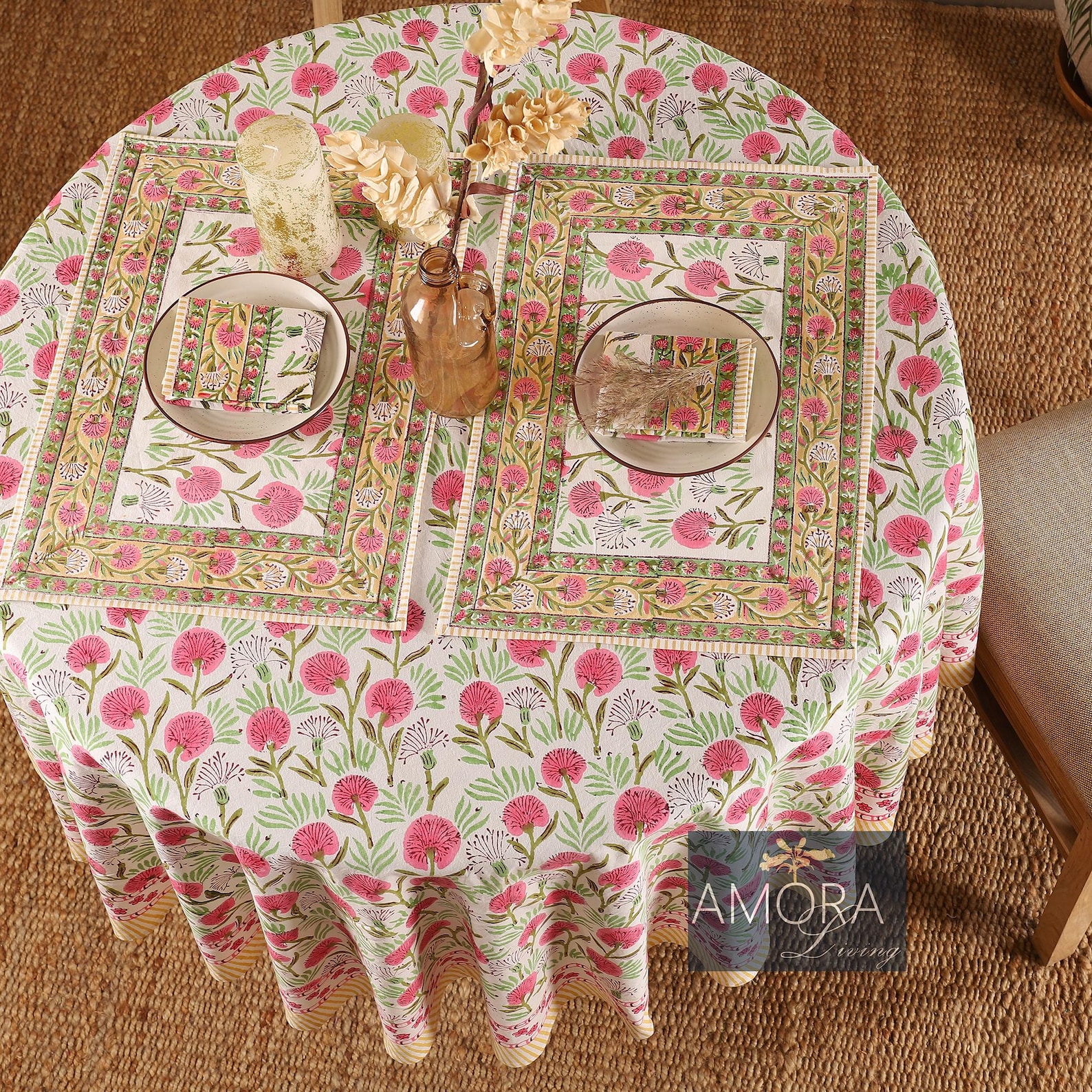 Floral Round Tablecloth: Indian Block Print Cotton Table Cover - Etsy