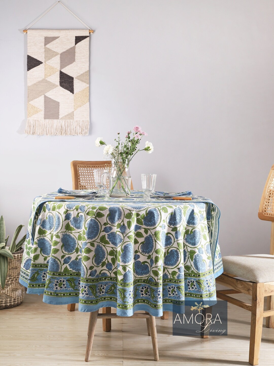 Blue Floral Round Tablecloth - Boho Chic Block Print, Indian Cotton Dining & Party Decor ...