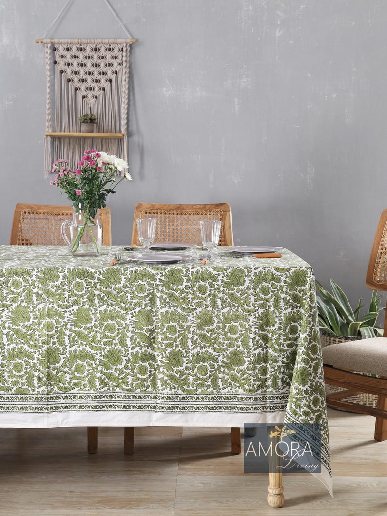 Turquoise Moss Green Block Printed Tablecloth - Indian Cotton, Boho ...