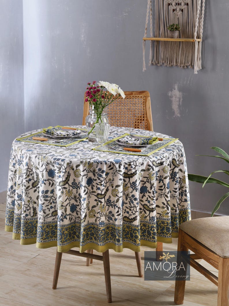 Hand Block Print Round Tablecloth: Floral Indian Cotton - Etsy