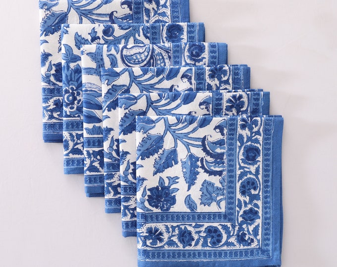 Blue and White Indian Block Print Napkins, Floral Cotton Dinning Table ...