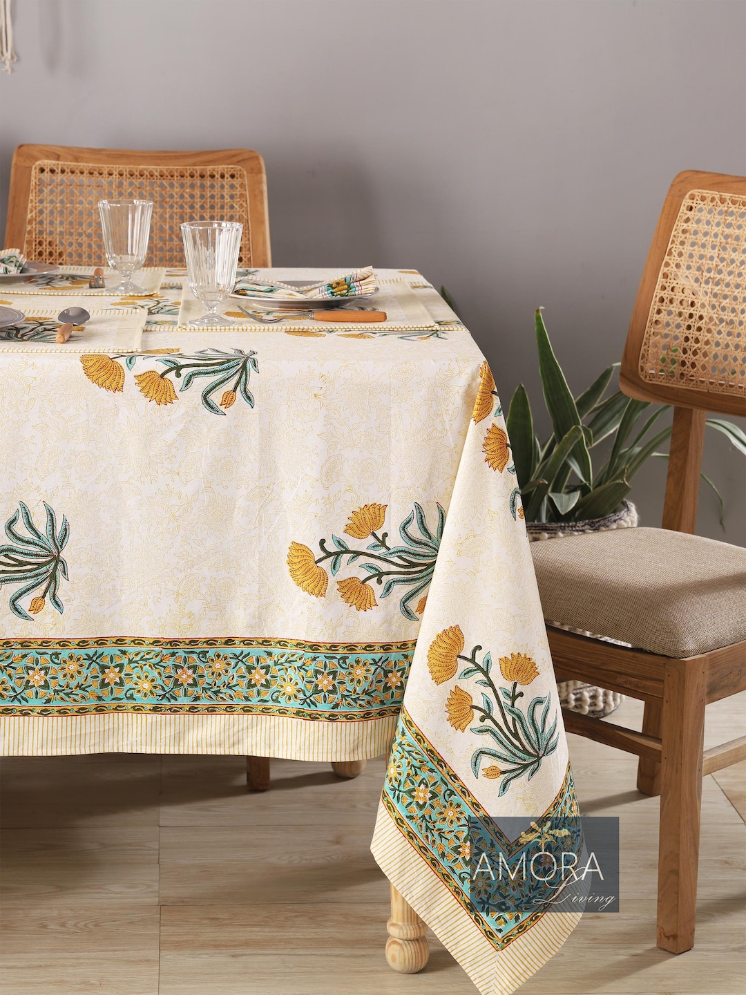 Handcrafted Indian Block Printed Tablecloth - Cotton, Boho Floral ...