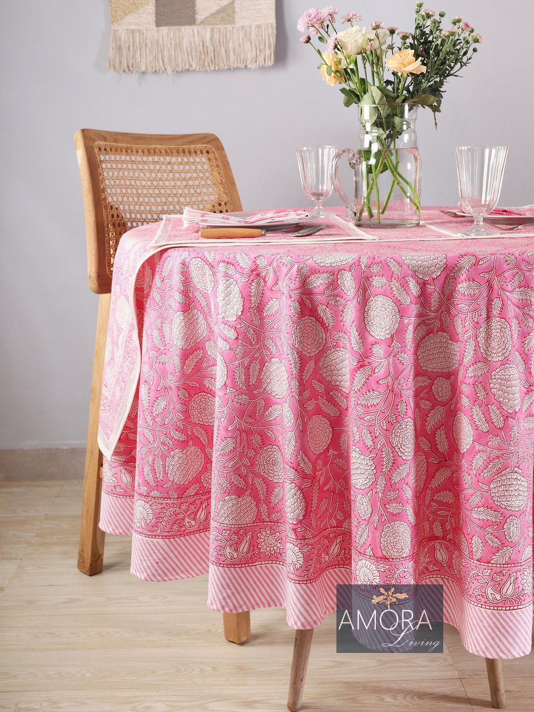 Pink Floral Round Tablecloth, Indian Block Print Round Table Cover ...