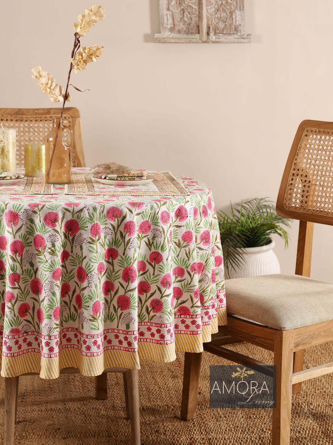 Floral Round Tablecloth: Indian Block Print Cotton Table Cover - Etsy