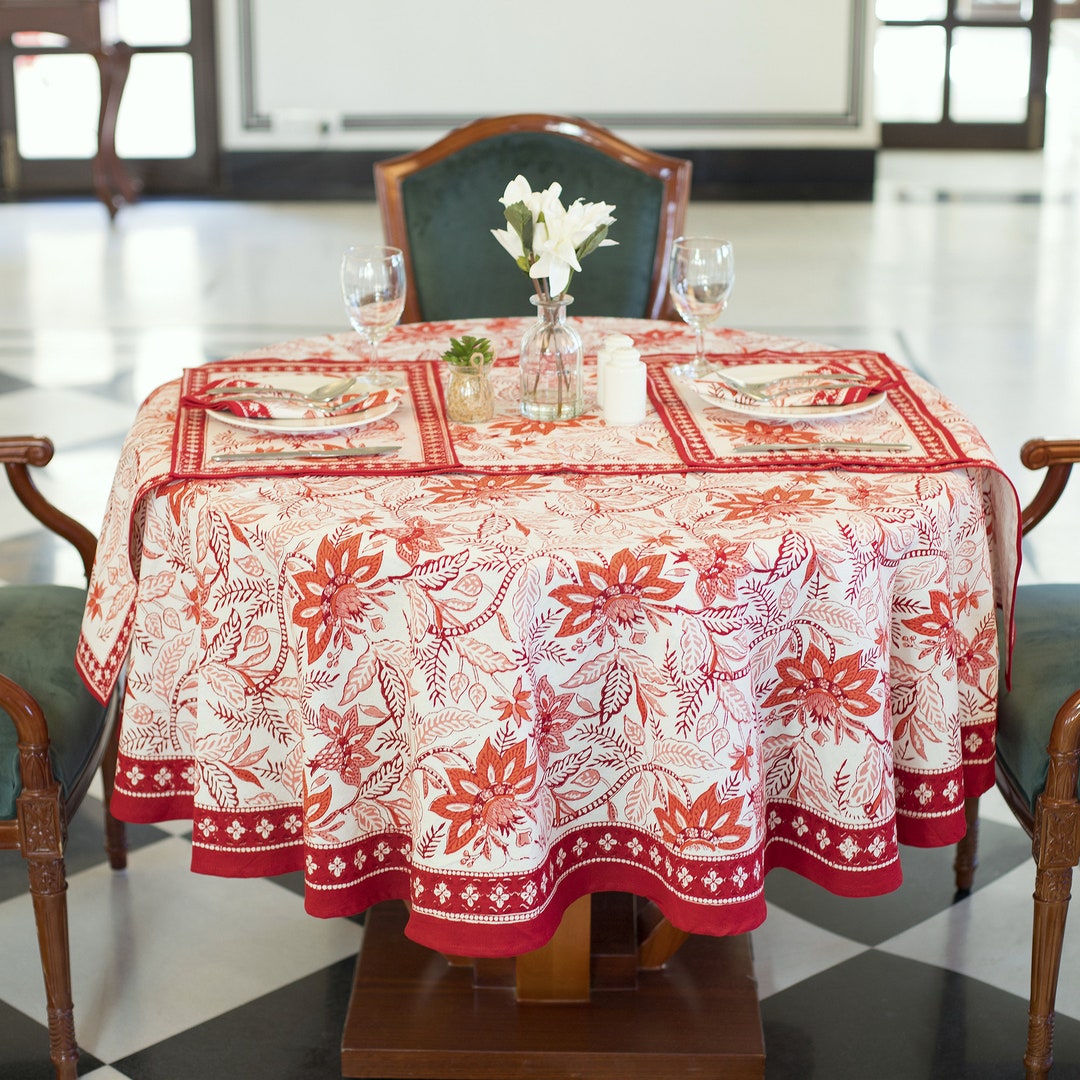 Block Printed Round Tablecloth, Floral Round Tablecloth, Valentine ...