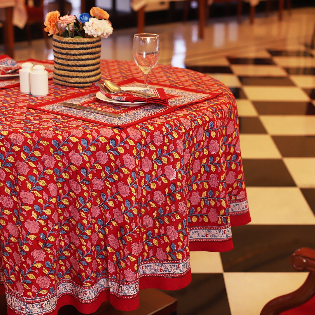 Red Block Printed Round Tablecloth, Floral Printed Round Tablecloth, 90 ...