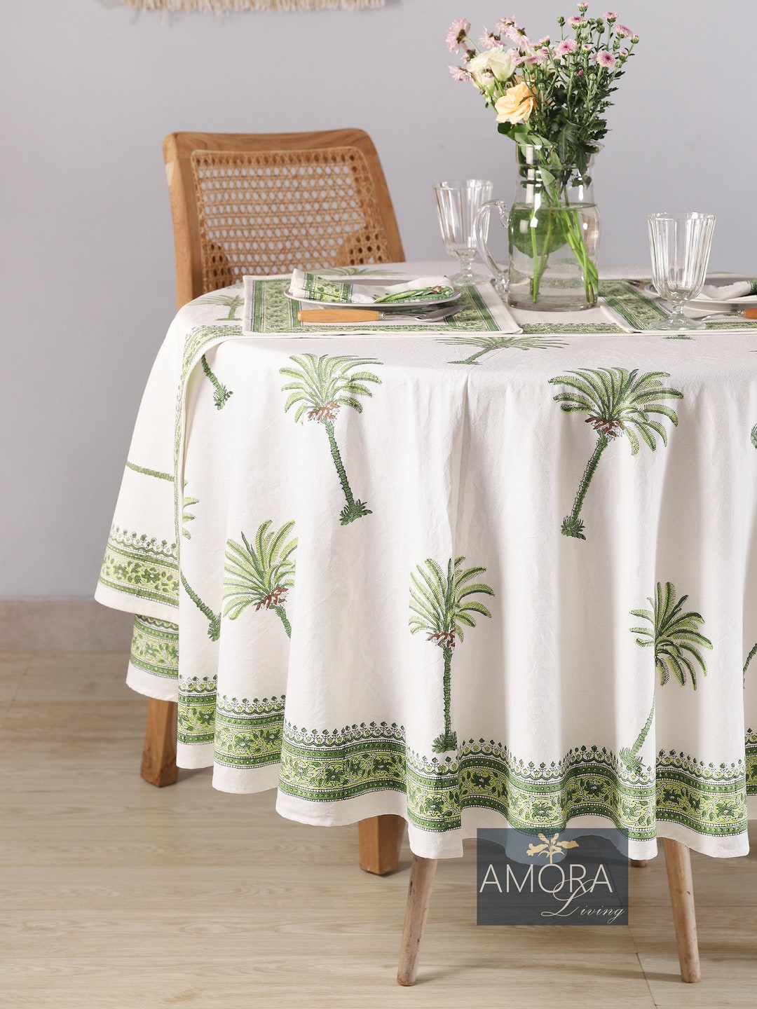 Green Palm Round Tablecloth, Indian Block Print Round Table Cover ...