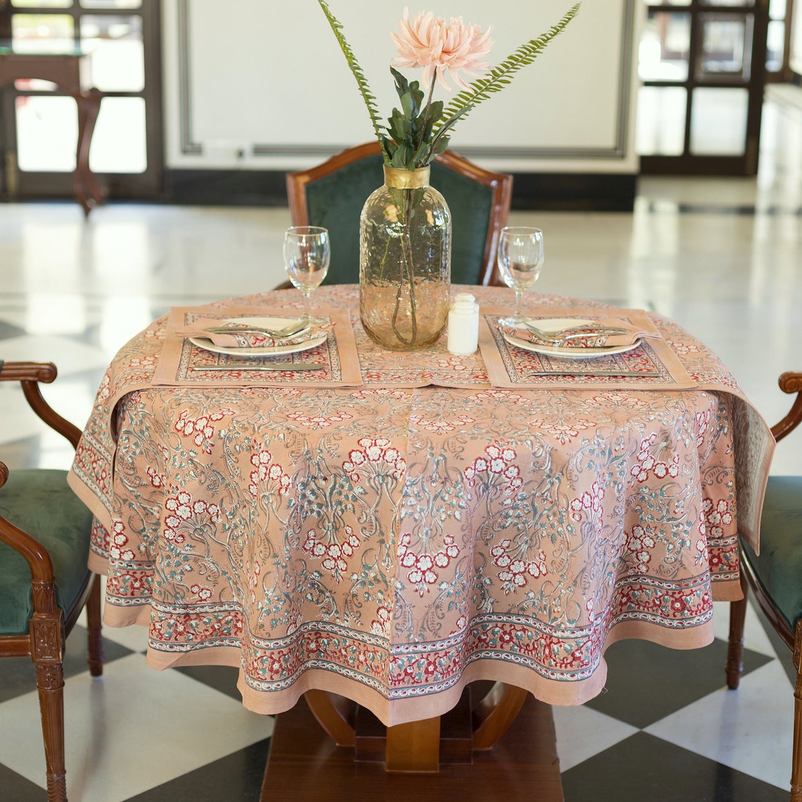Block Printed Round Tablecloth Floral Printed Round - Etsy