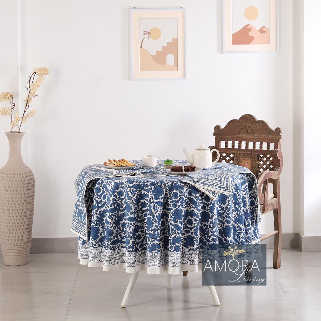 Blue Bird Print French Round Tablecloth Cotton Block Print Large Custom ...
