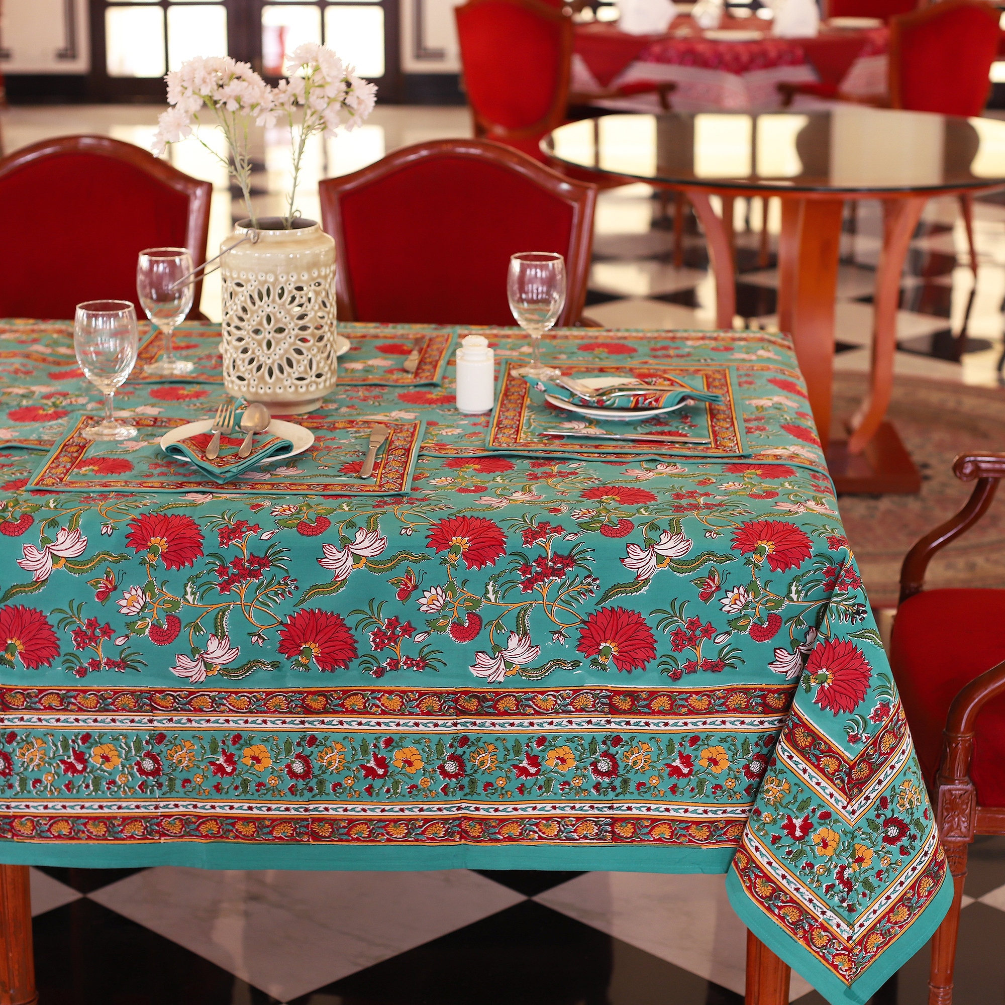 Red Green Floral Block Print Tablecloth Indian Cotton Table - Etsy