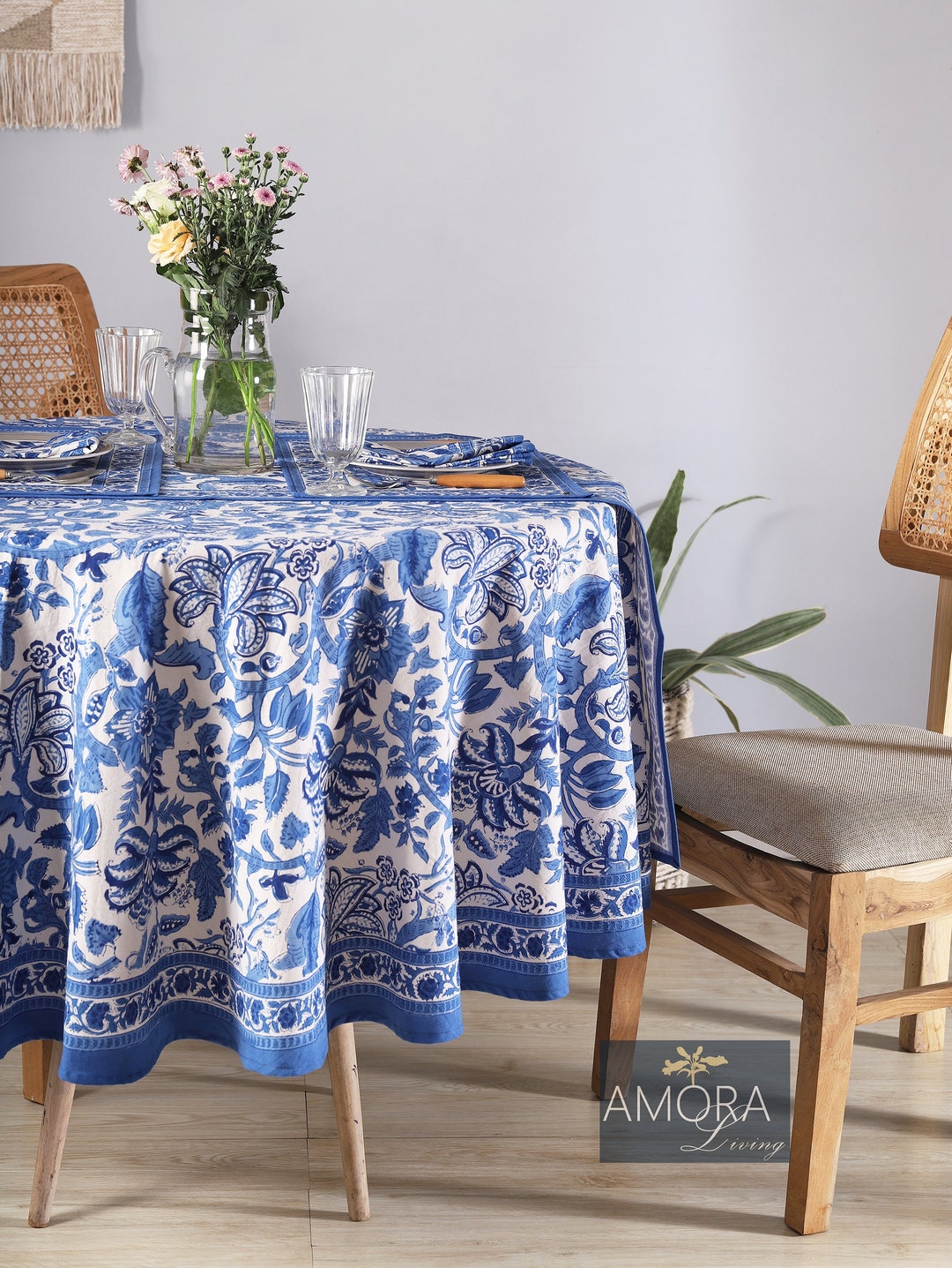 Blue Floral Round Tablecloth, Indian Block Print Round Table Cover ...