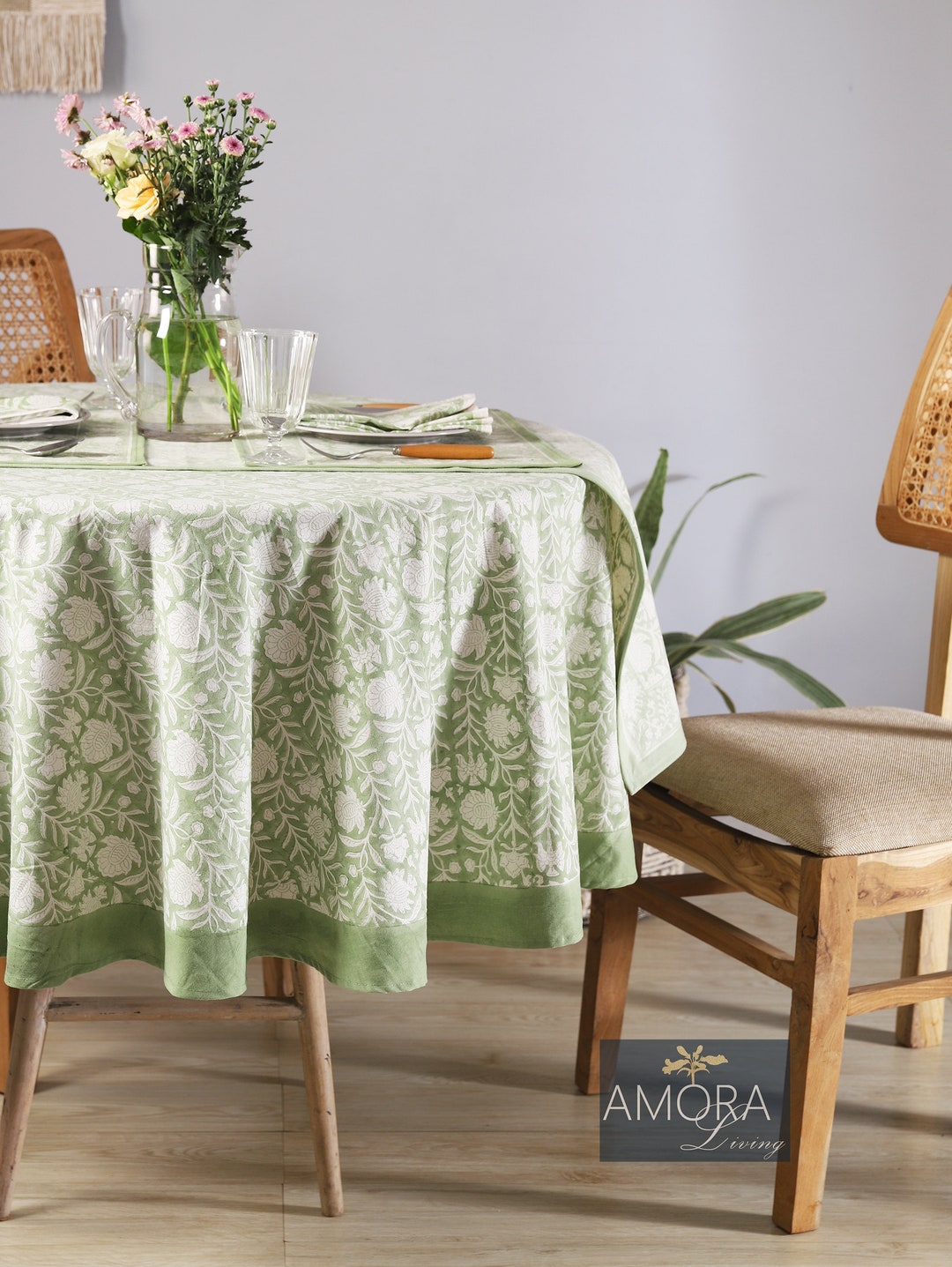 Sage Green Indian Round Tablecloth -vintage Floral Design, Christmas ...