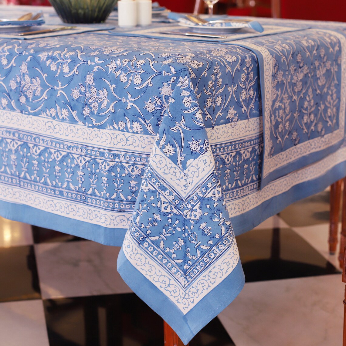 Blue Block Print Tablecloth Garden Tablecloth Indian Table - Etsy