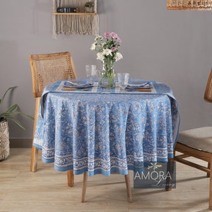 Blue Floral Round Tablecloth, Indian Block Print Round Table Cover ...