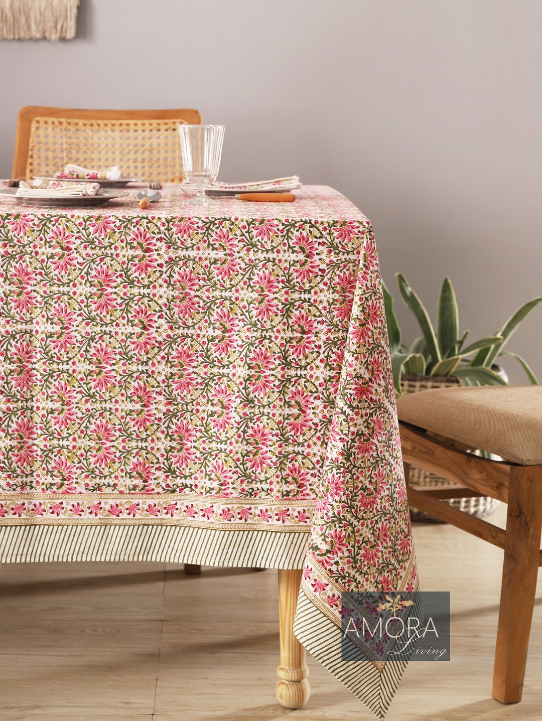 Green Pink Indian Block Print Cotton Tablecloth - Boho Dining Table ...