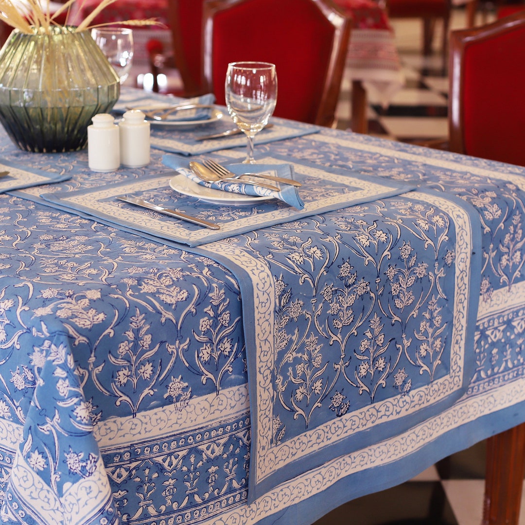 Blue Block Print Tablecloth , Garden Tablecloth, Indian Table Linen ...