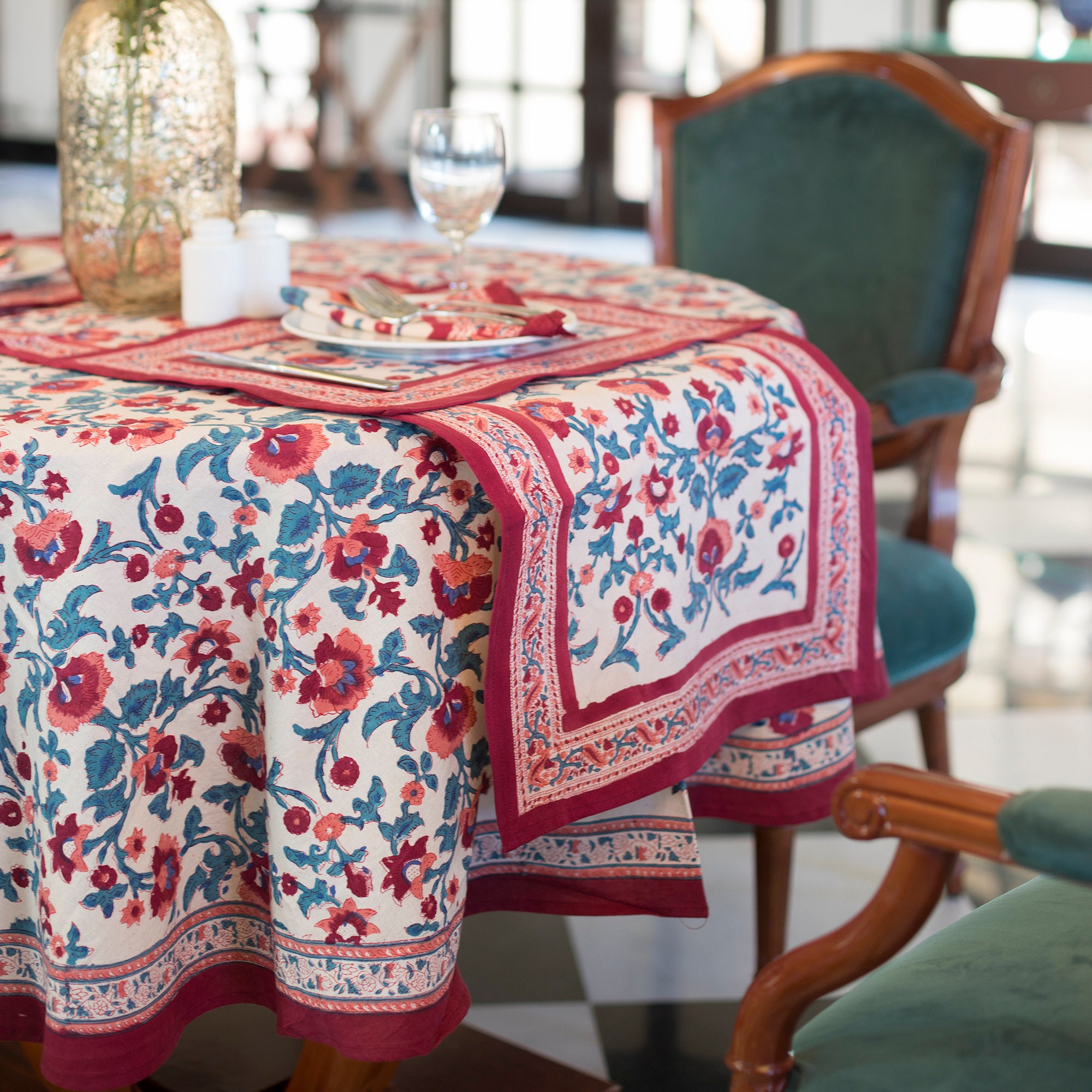 Block Printed Round Tablecloth Floral Print Round Table Cover - Etsy India