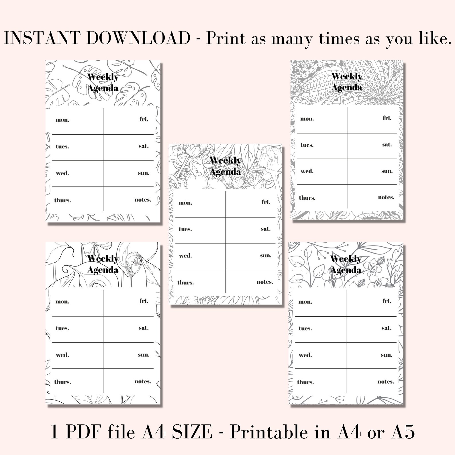 Printable Weekly Floral Planner Bundle of 5 Blank Weekly - Etsy